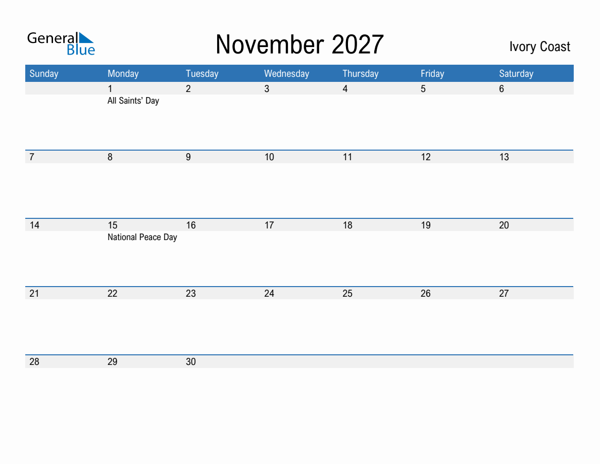 Editable November 2027 Calendar with Ivory Coast Holidays