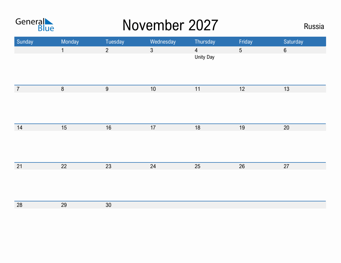 November 2027 Monthly Calendars with Russia Holidays