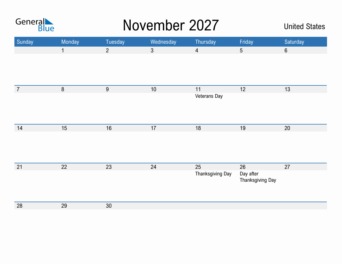 November 2027 Monthly Calendars with United States Holidays