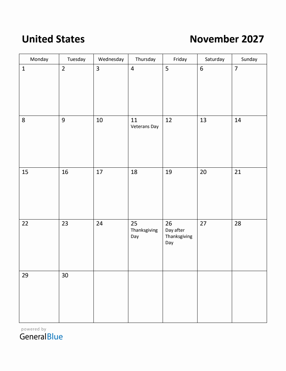 Free Printable November 2027 Calendar for United States