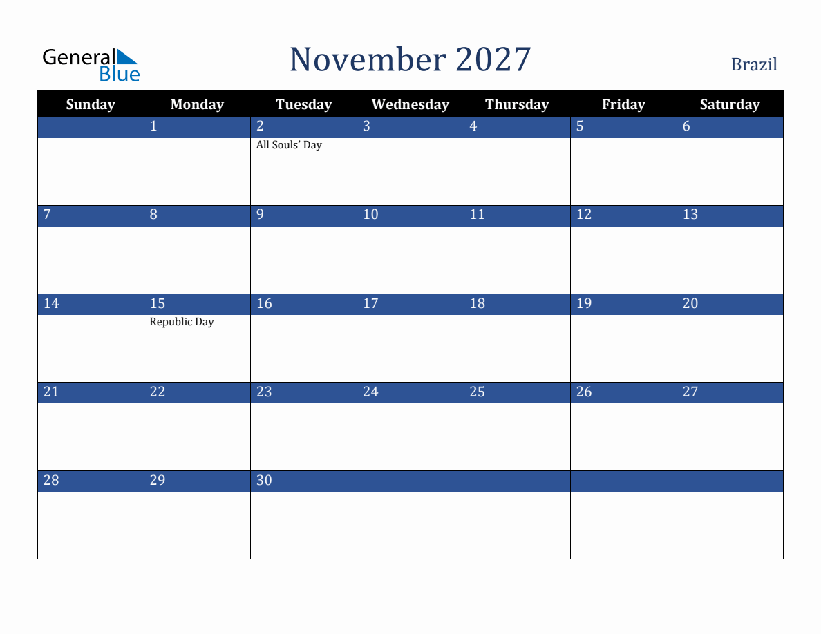 November 2027 Brazil Holiday Calendar