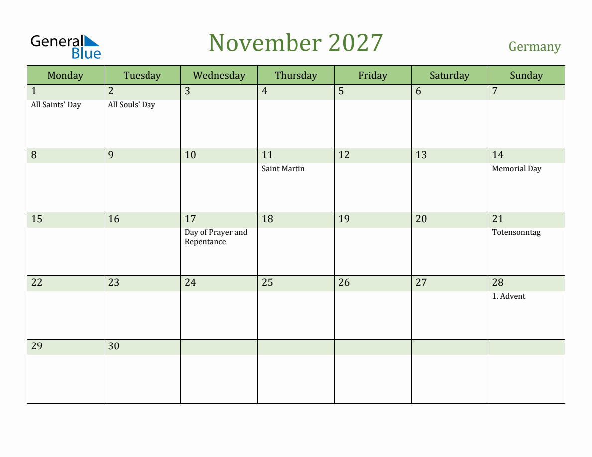 Fillable Holiday Calendar for Germany - November 2027 (Monday Start)