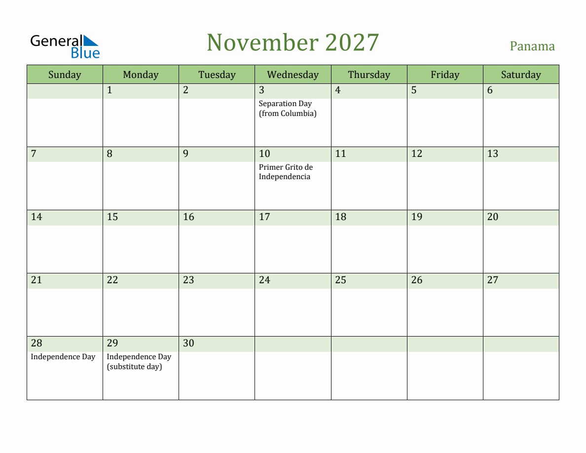 Fillable Holiday Calendar for Panama - November 2027