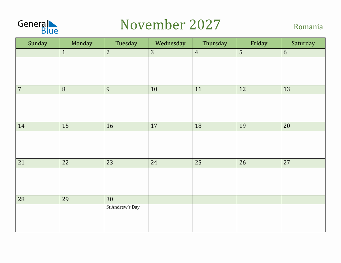 Fillable Holiday Calendar for Romania - November 2027