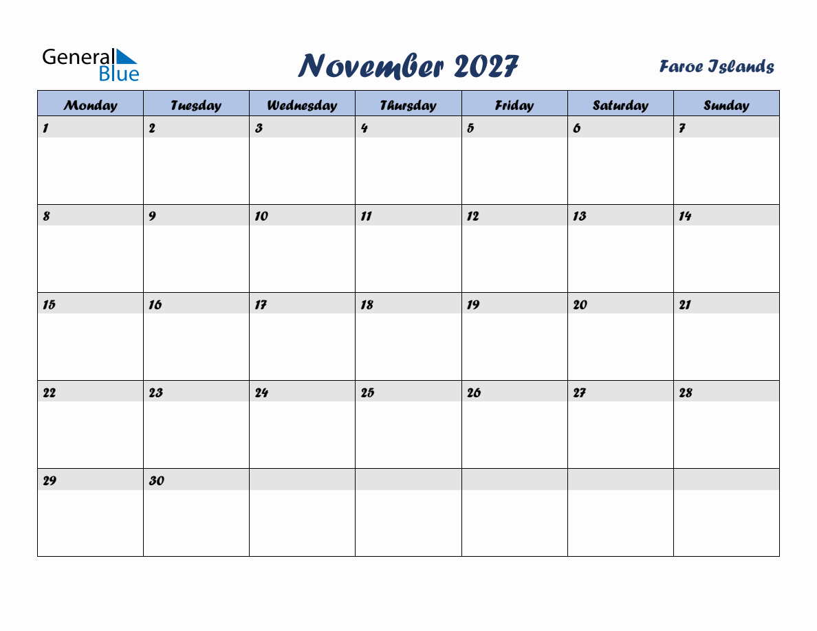 November 2027 Monthly Calendar Template with Holidays for Faroe Islands ...
