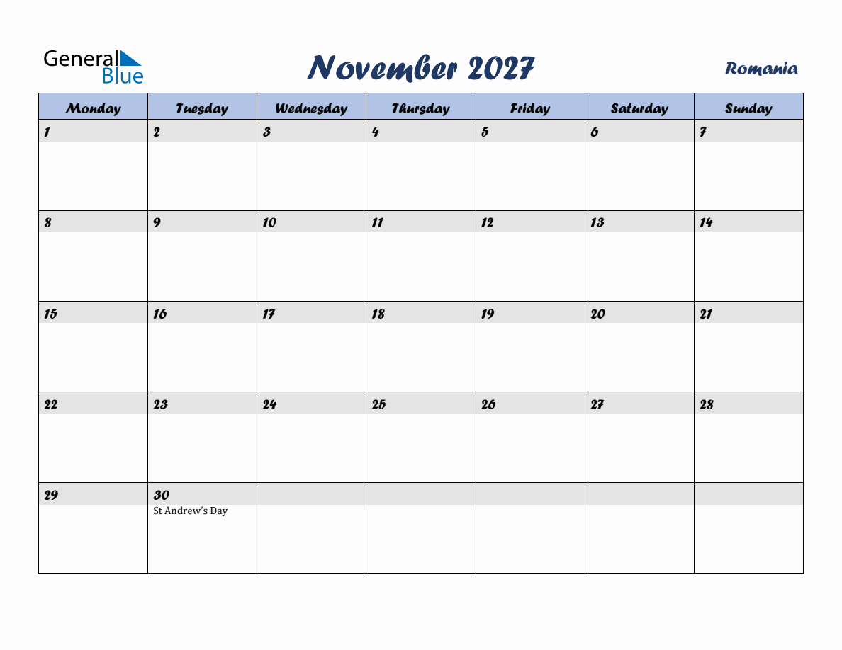 November 2027 Monthly Calendar Template with Holidays for Romania