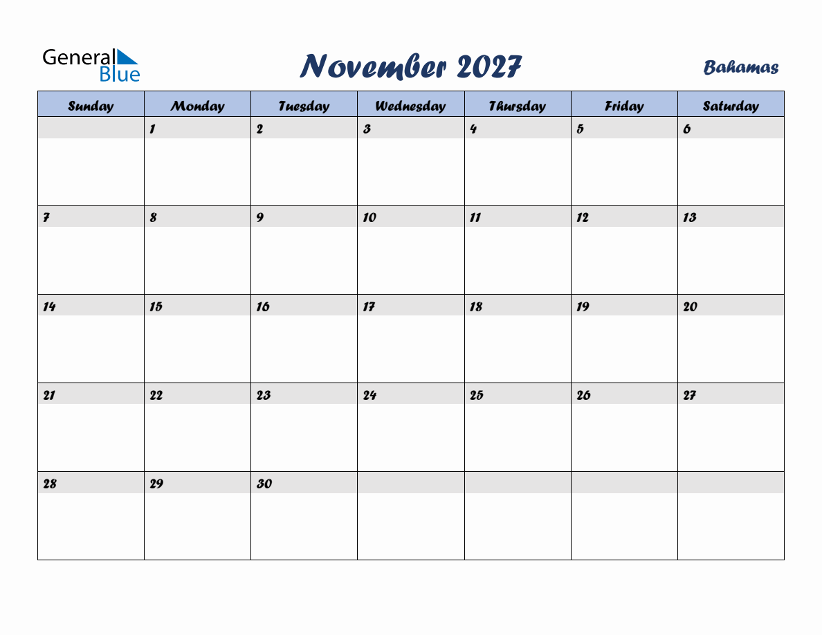 November 2027 Monthly Calendar Template with Holidays for Bahamas