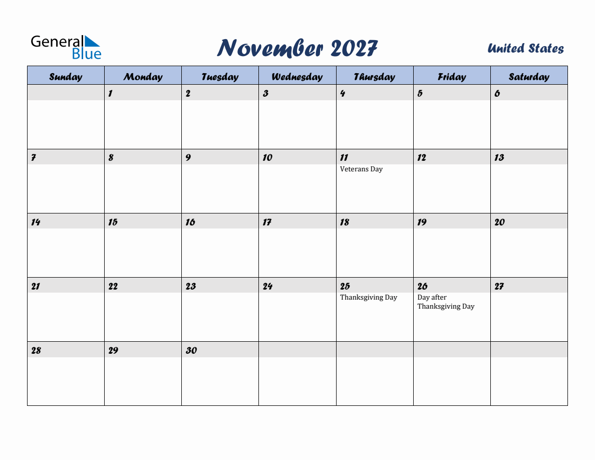 November 2027 Monthly Calendar Template with Holidays for United States