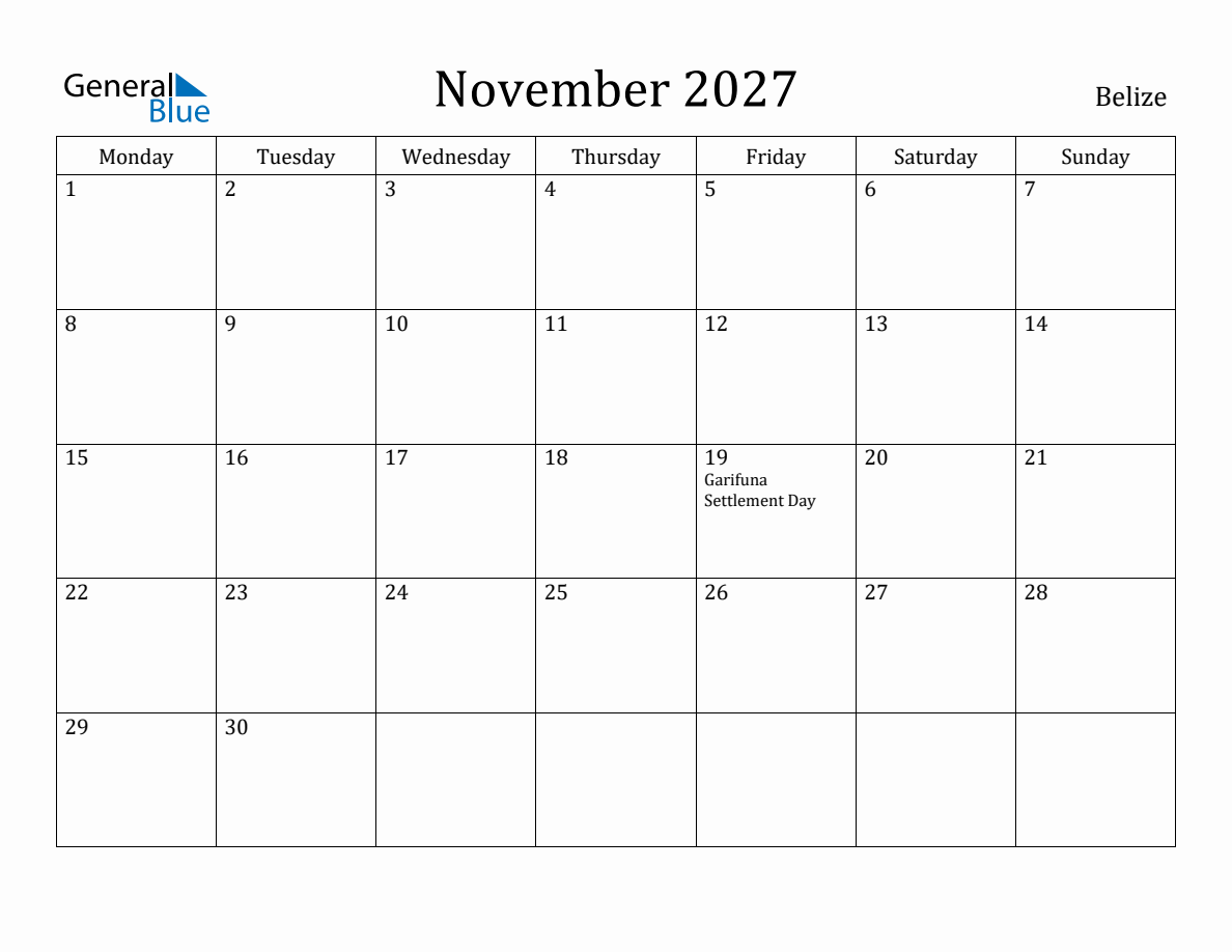 Belize Monthly Calendar - November 2027 (Monday Start)