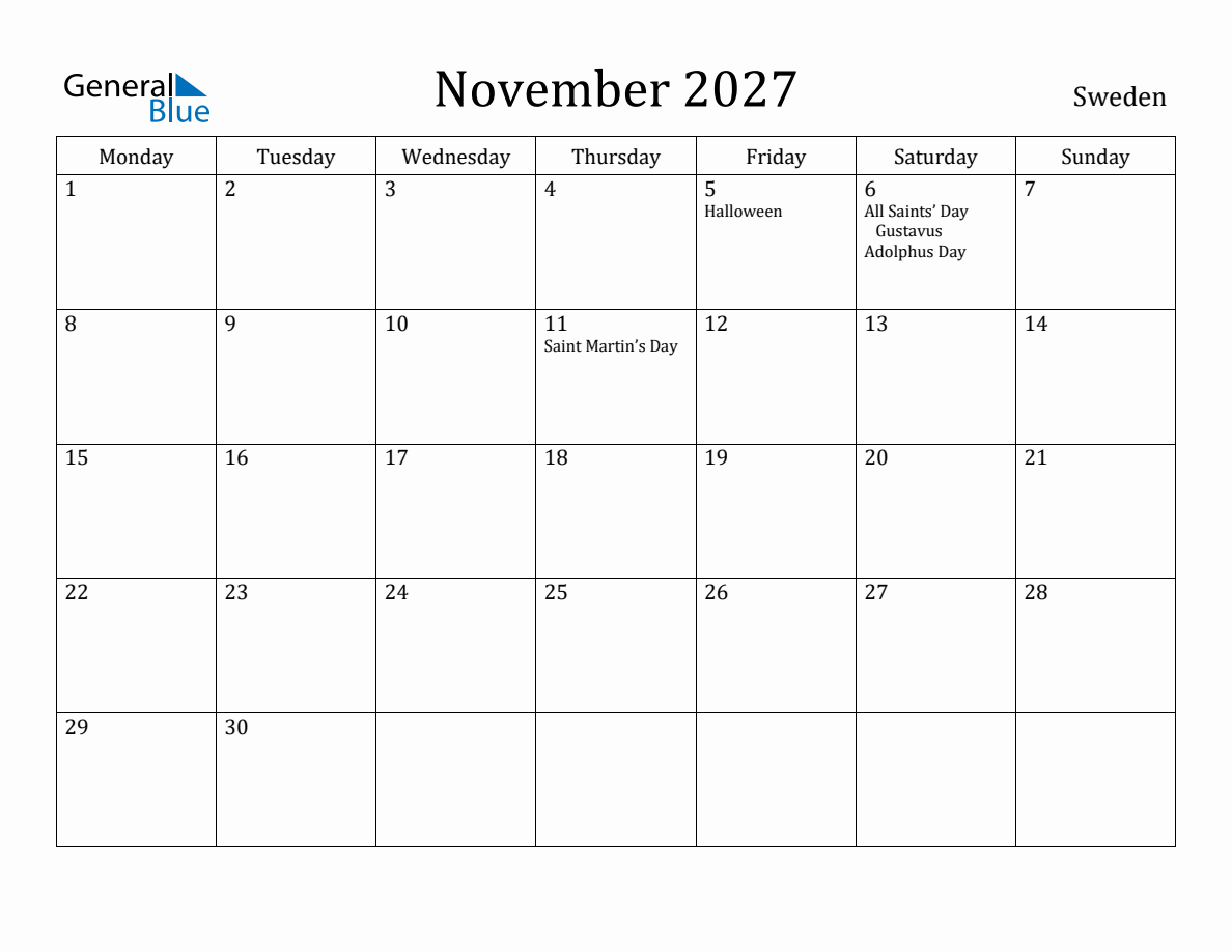 Sweden Monthly Calendar - November 2027 (Monday Start)