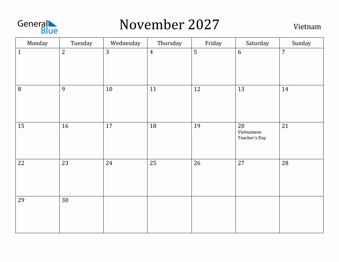 November 2027 Monthly Calendar with Vietnam Holidays