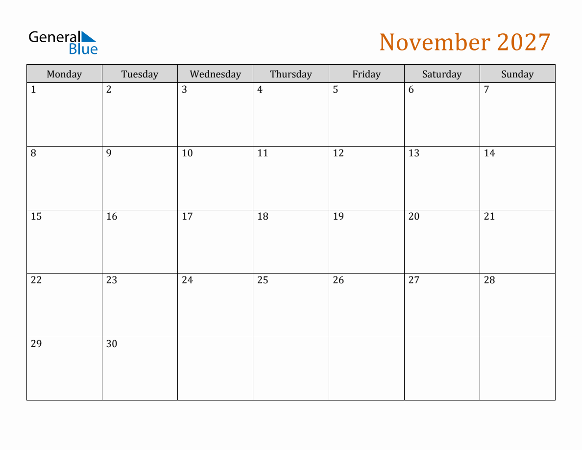 November 2027 Generic Monthly Calendar