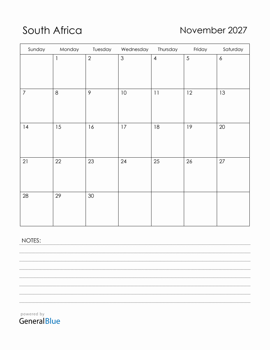 November 2027 South Africa Calendar with Holidays