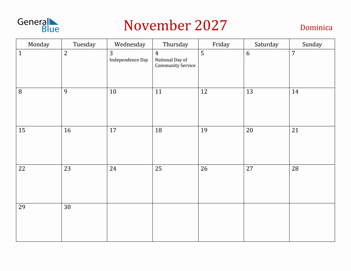 November 2027 Dominica Monthly Calendar with Holidays