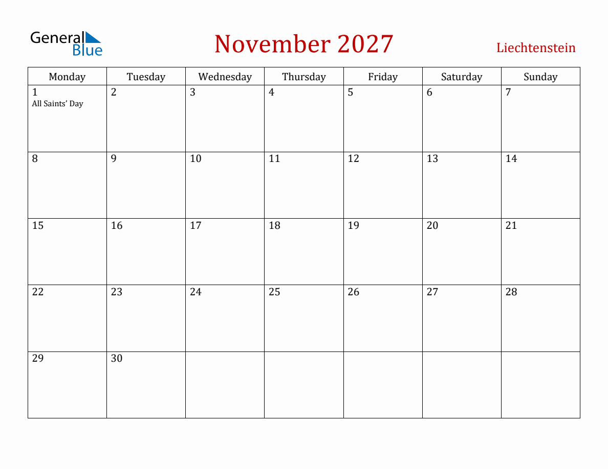 November 2027 Liechtenstein Monthly Calendar with Holidays