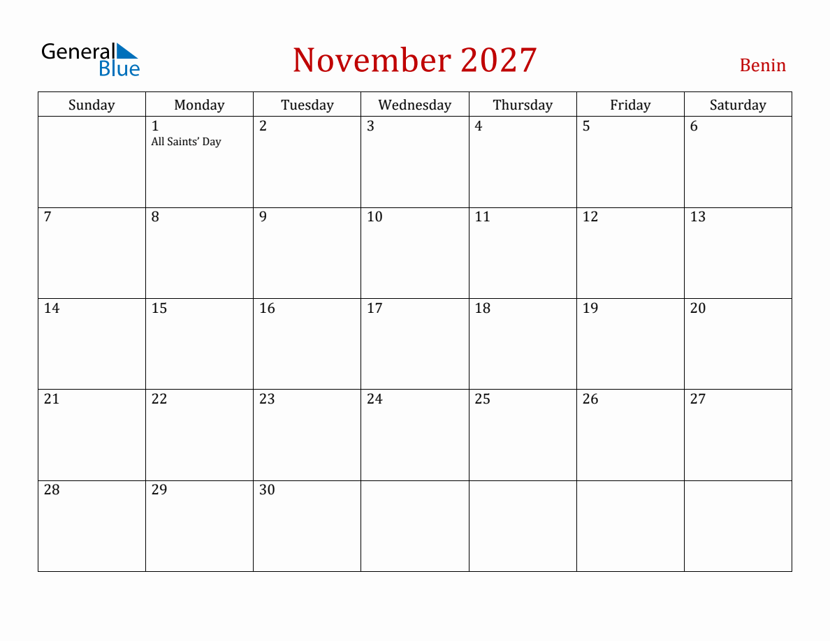 November 2027 Benin Monthly Calendar with Holidays