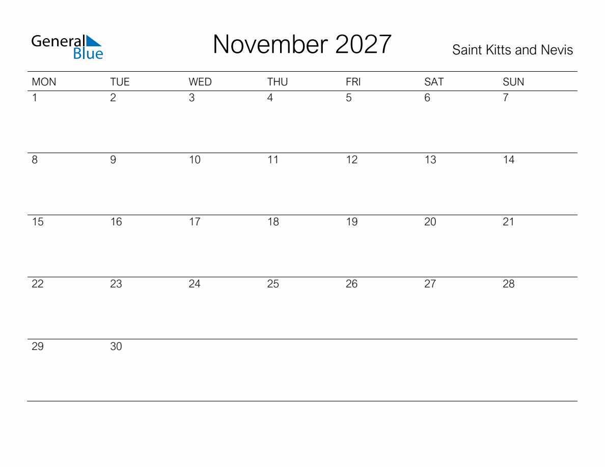 Printable November 2027 Monthly Calendar with Holidays for Saint Kitts ...