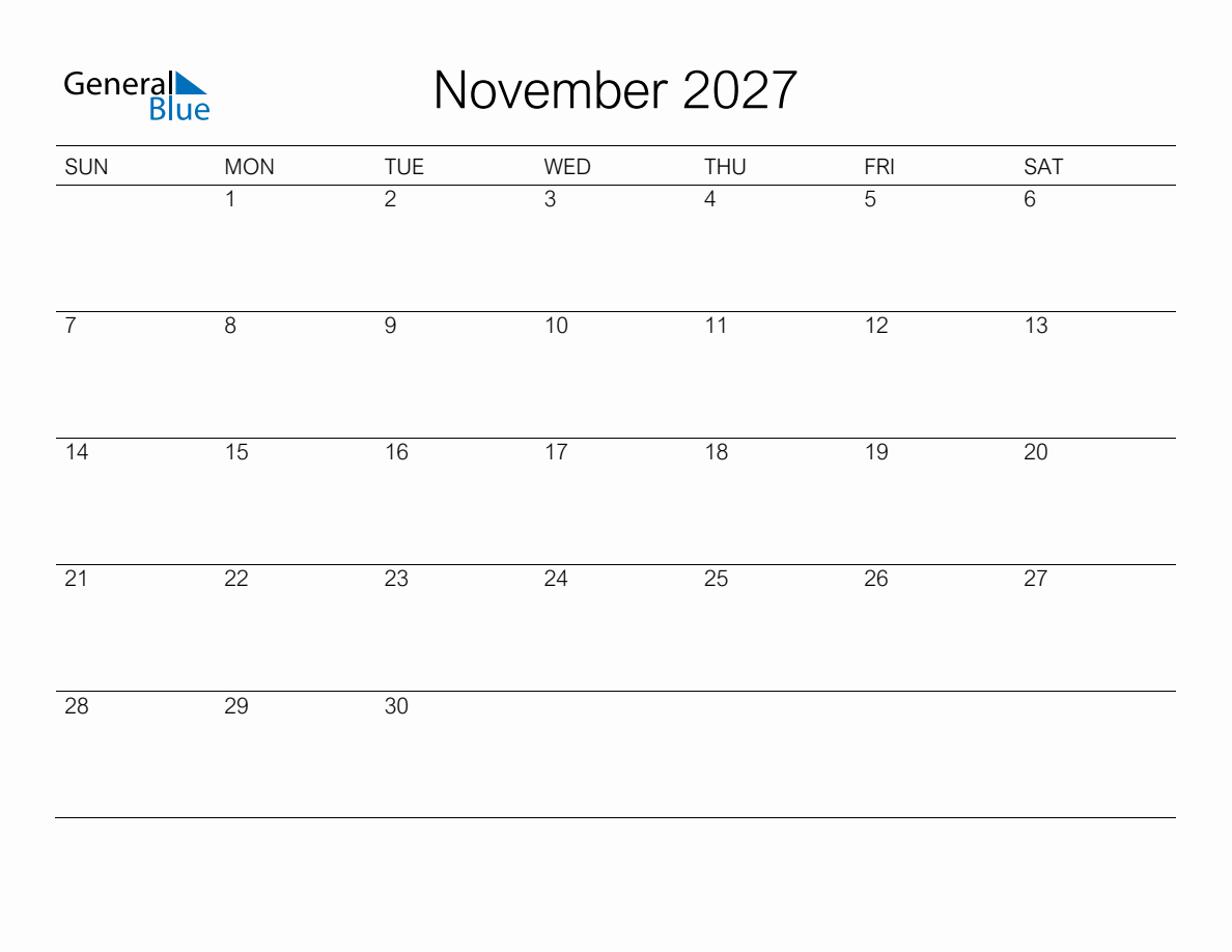 Printable November 2027 Monthly Calendar