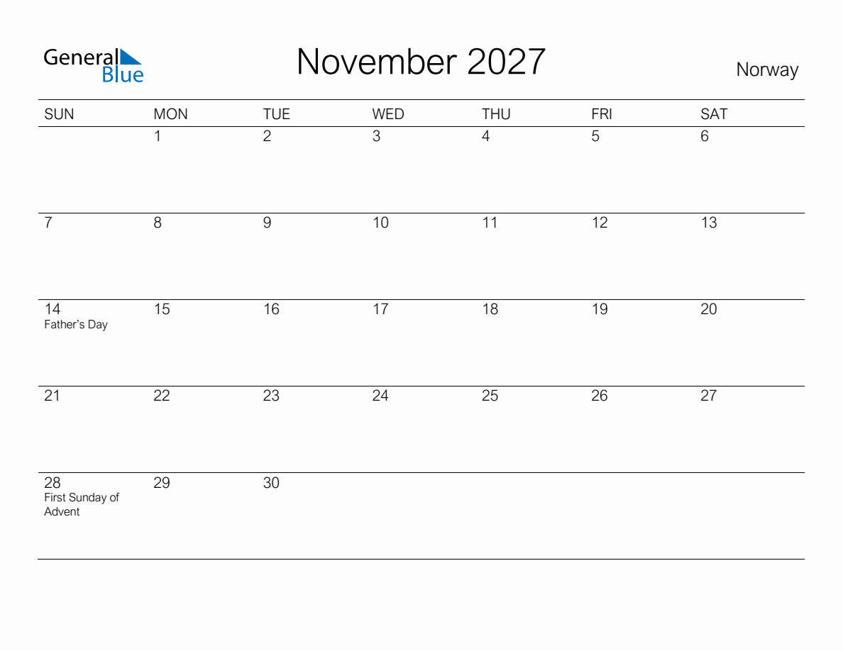 Printable November 2027 Monthly Calendar with Holidays for Norway