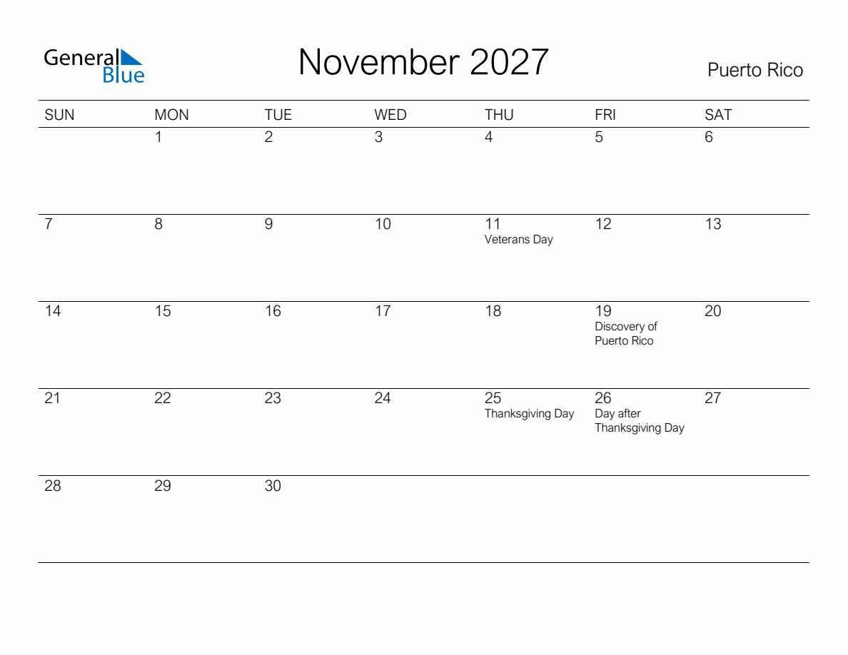 Printable November 2027 Monthly Calendar with Holidays for Puerto Rico