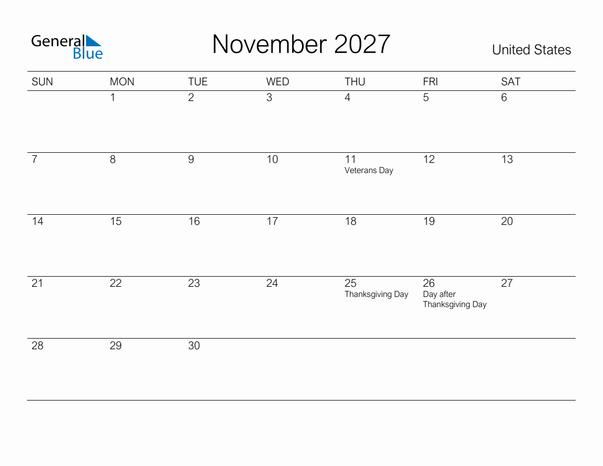 Printable November 2027 Monthly Calendar with Holidays for United States