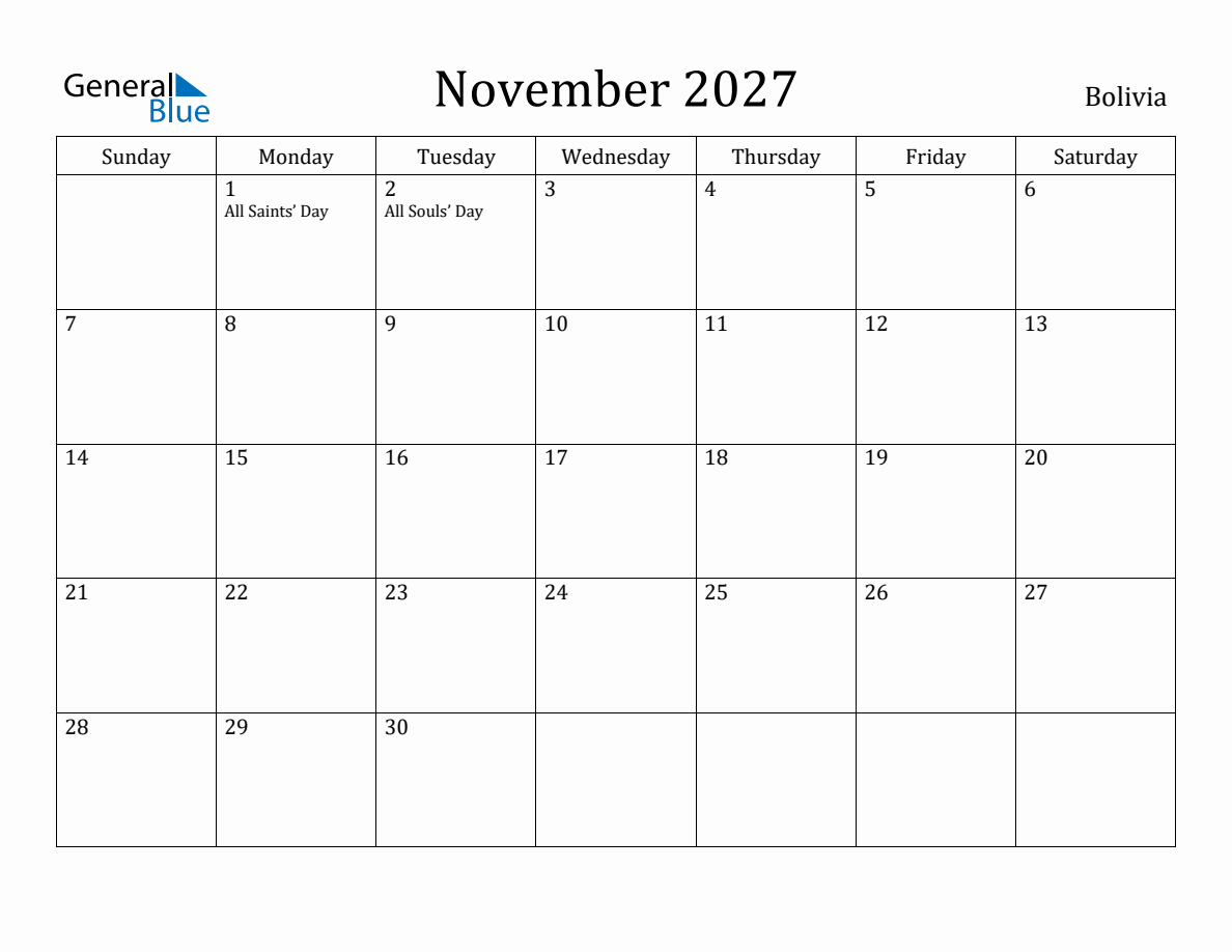 November 2027 Monthly Calendar with Bolivia Holidays