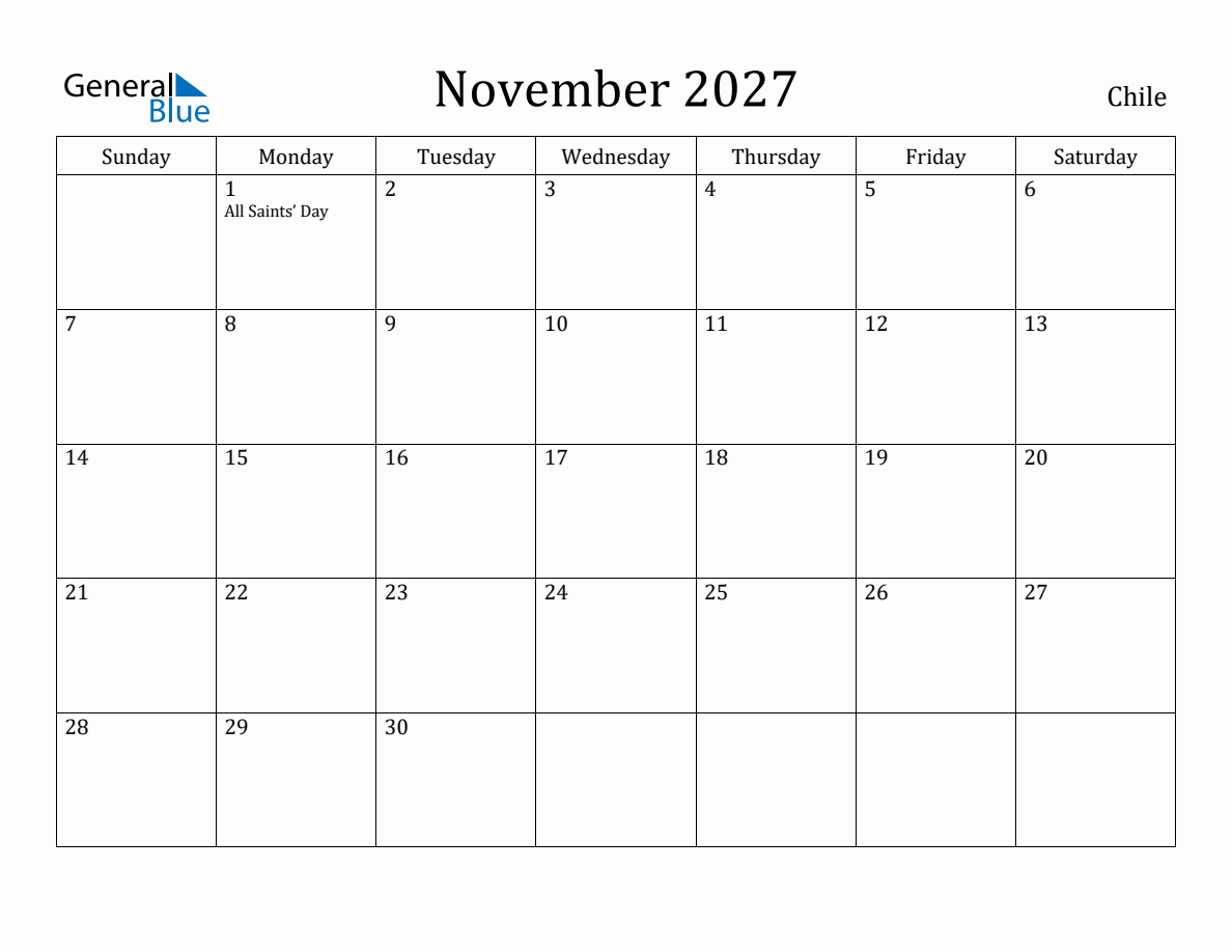 November 2027 Monthly Calendar with Chile Holidays