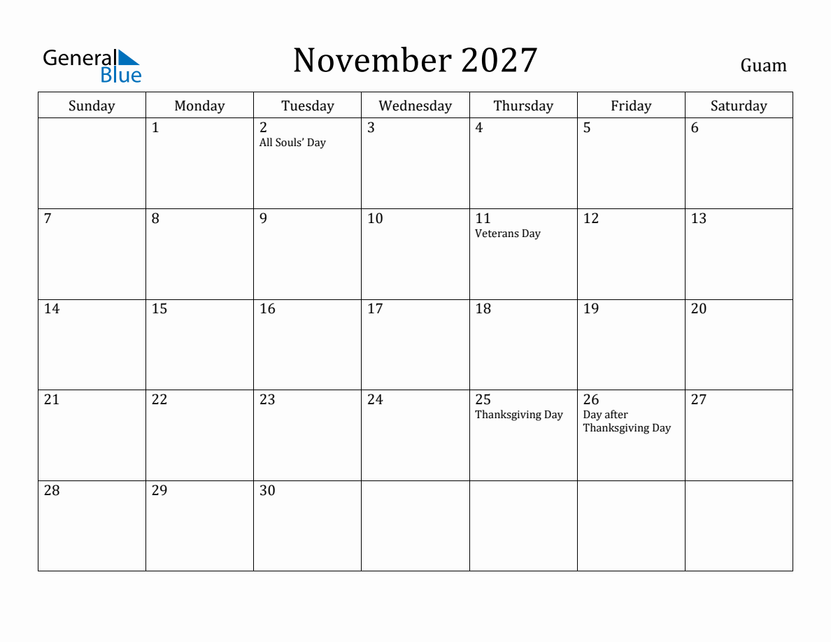 November 2027 Monthly Calendar with Guam Holidays