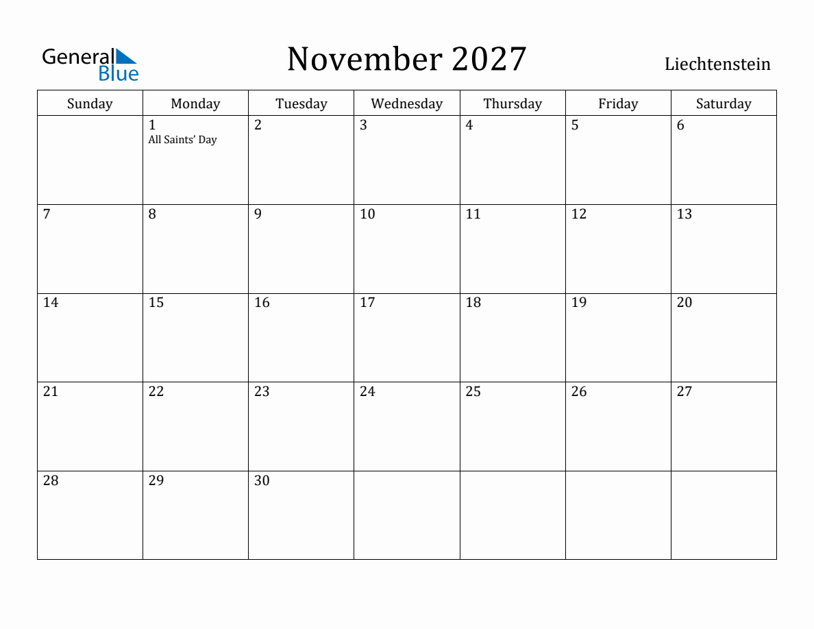 November 2027 Monthly Calendar with Liechtenstein Holidays