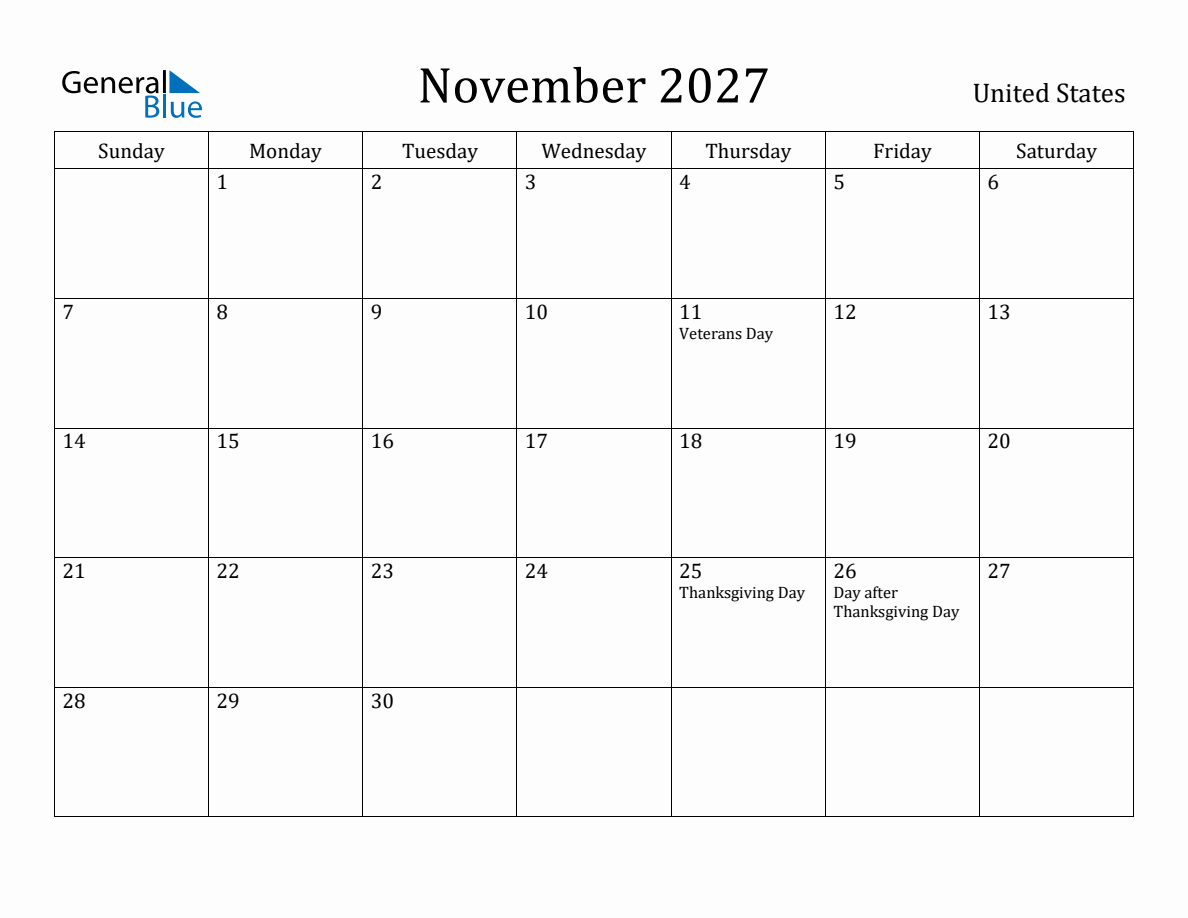 November 2027 Monthly Calendar with United States Holidays