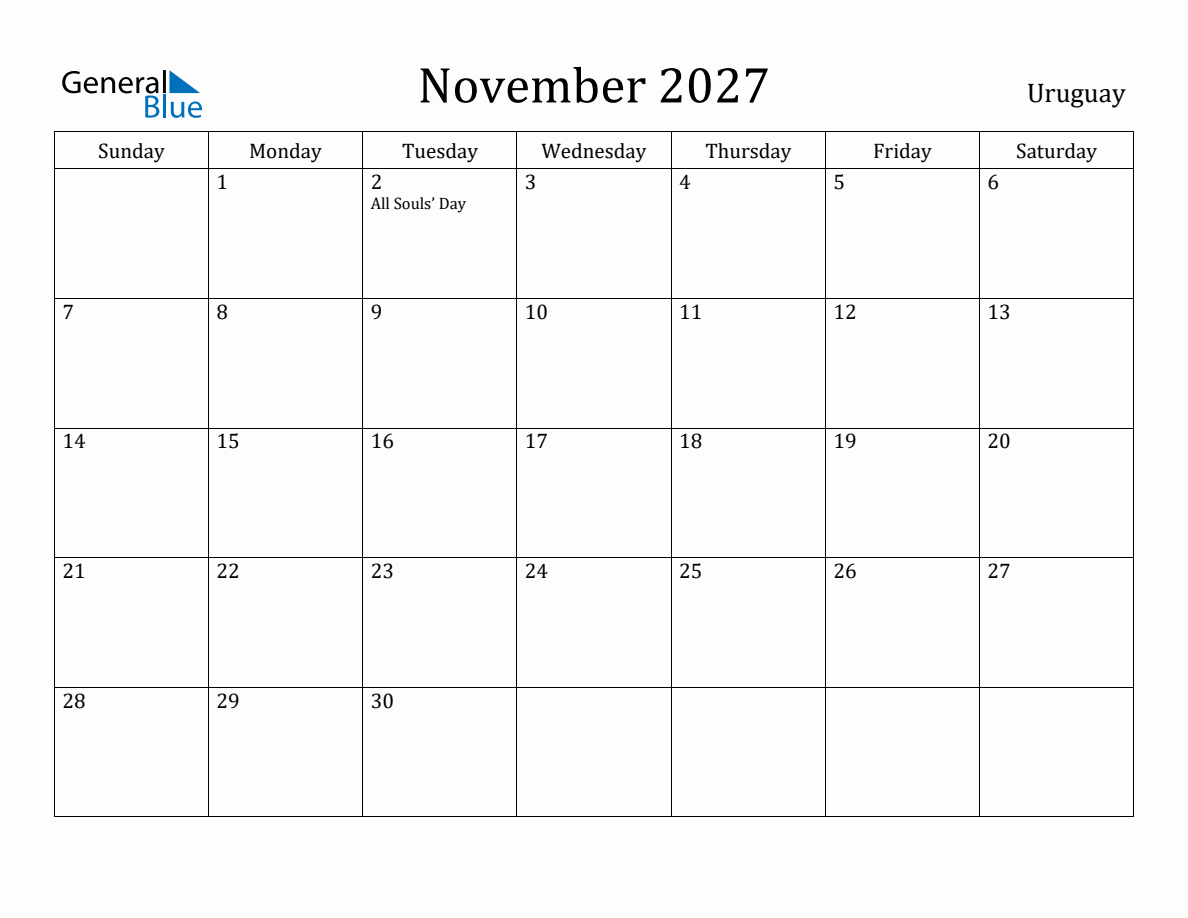 November 2027 Monthly Calendar with Uruguay Holidays