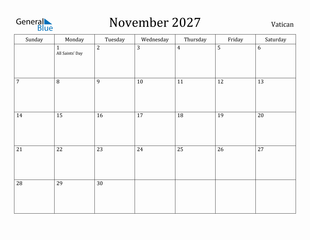 November 2027 Monthly Calendar with Vatican Holidays
