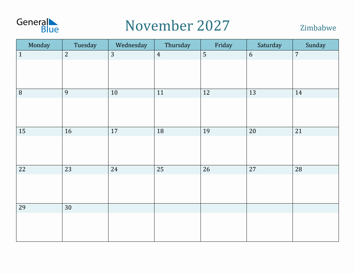 Zimbabwe Holiday Calendar for November 2027