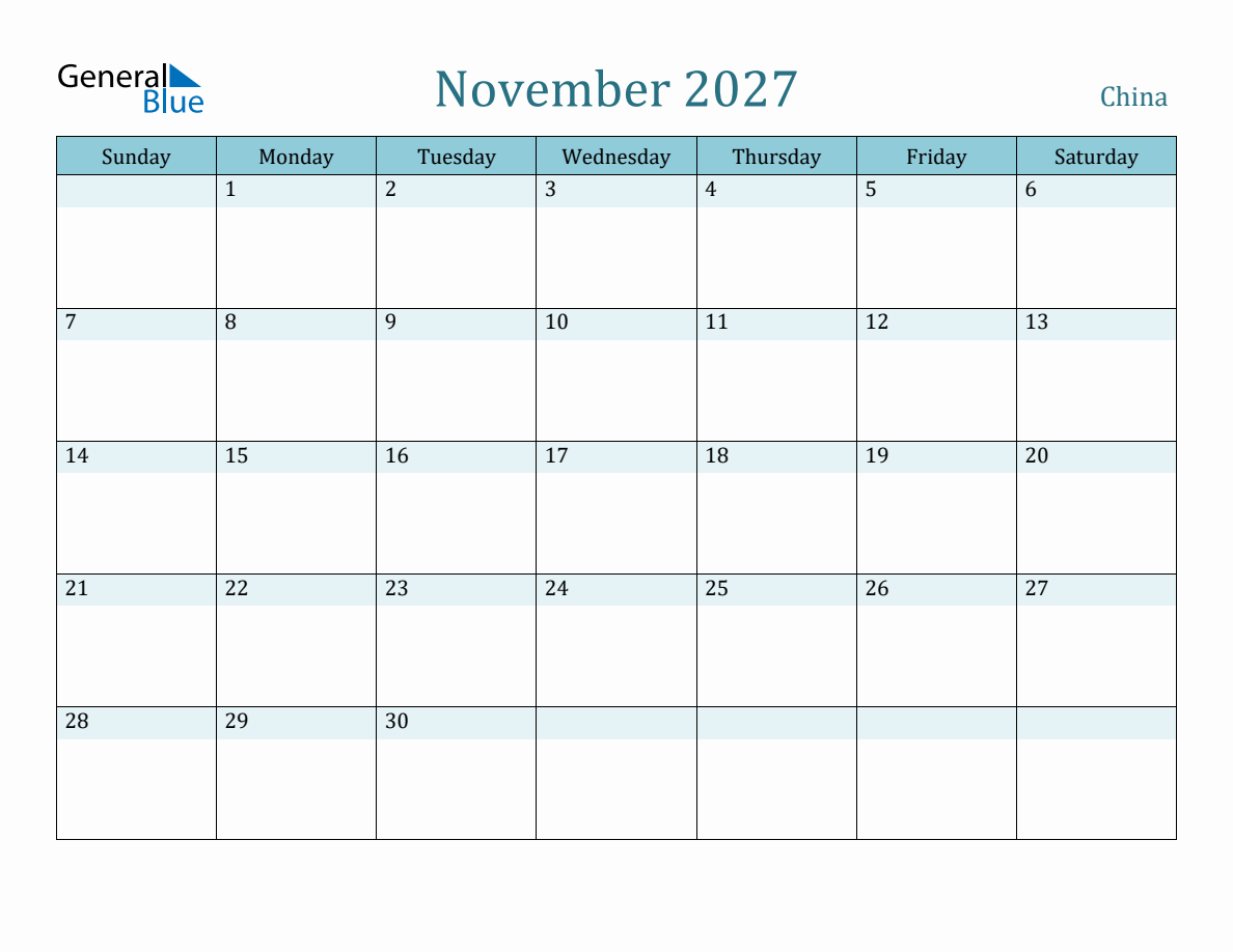 China Holiday Calendar for November 2027