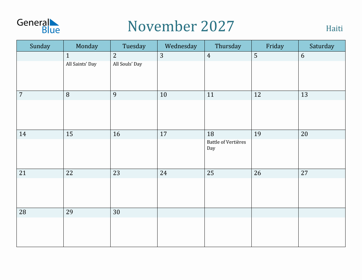 Haiti Holiday Calendar for November 2027
