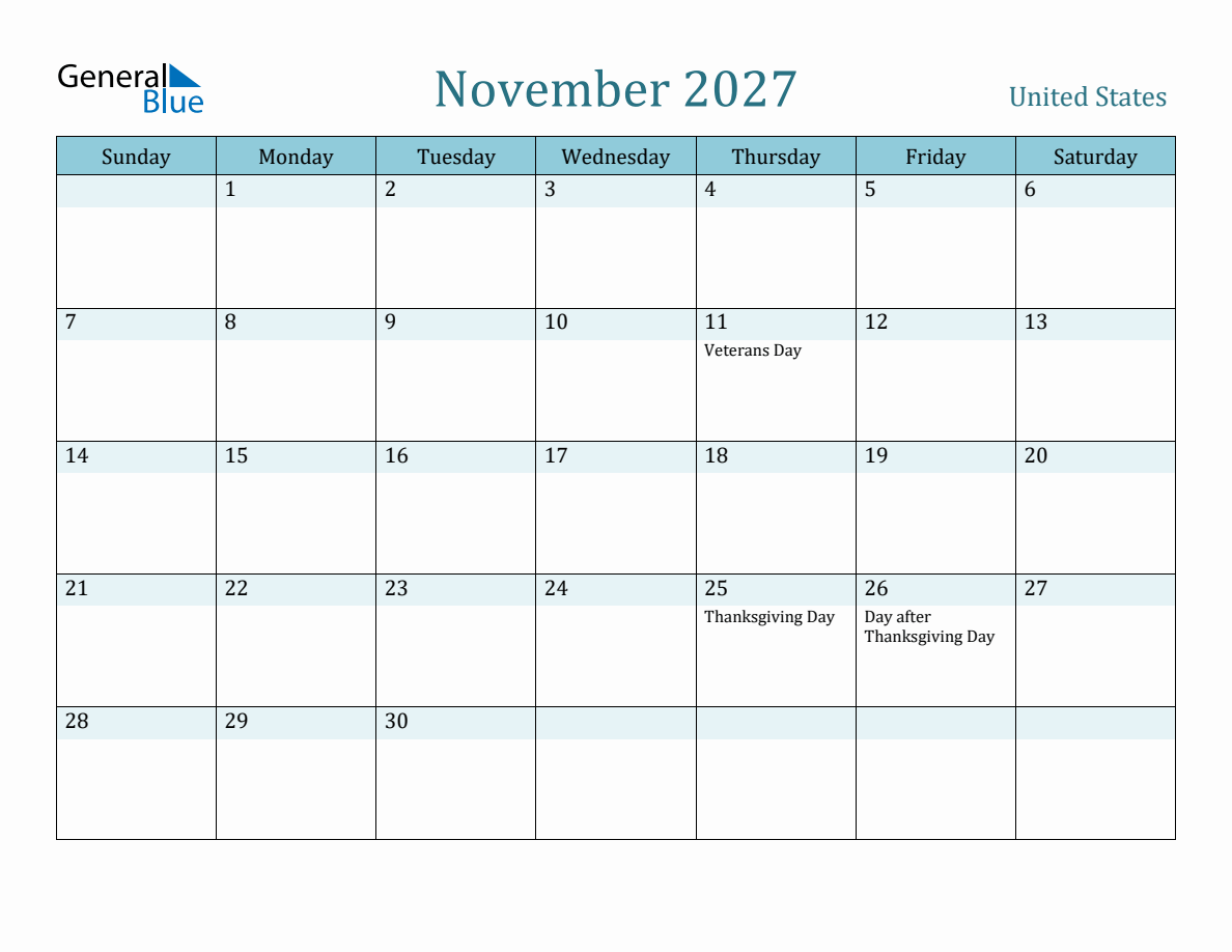 United States Holiday Calendar for November 2027