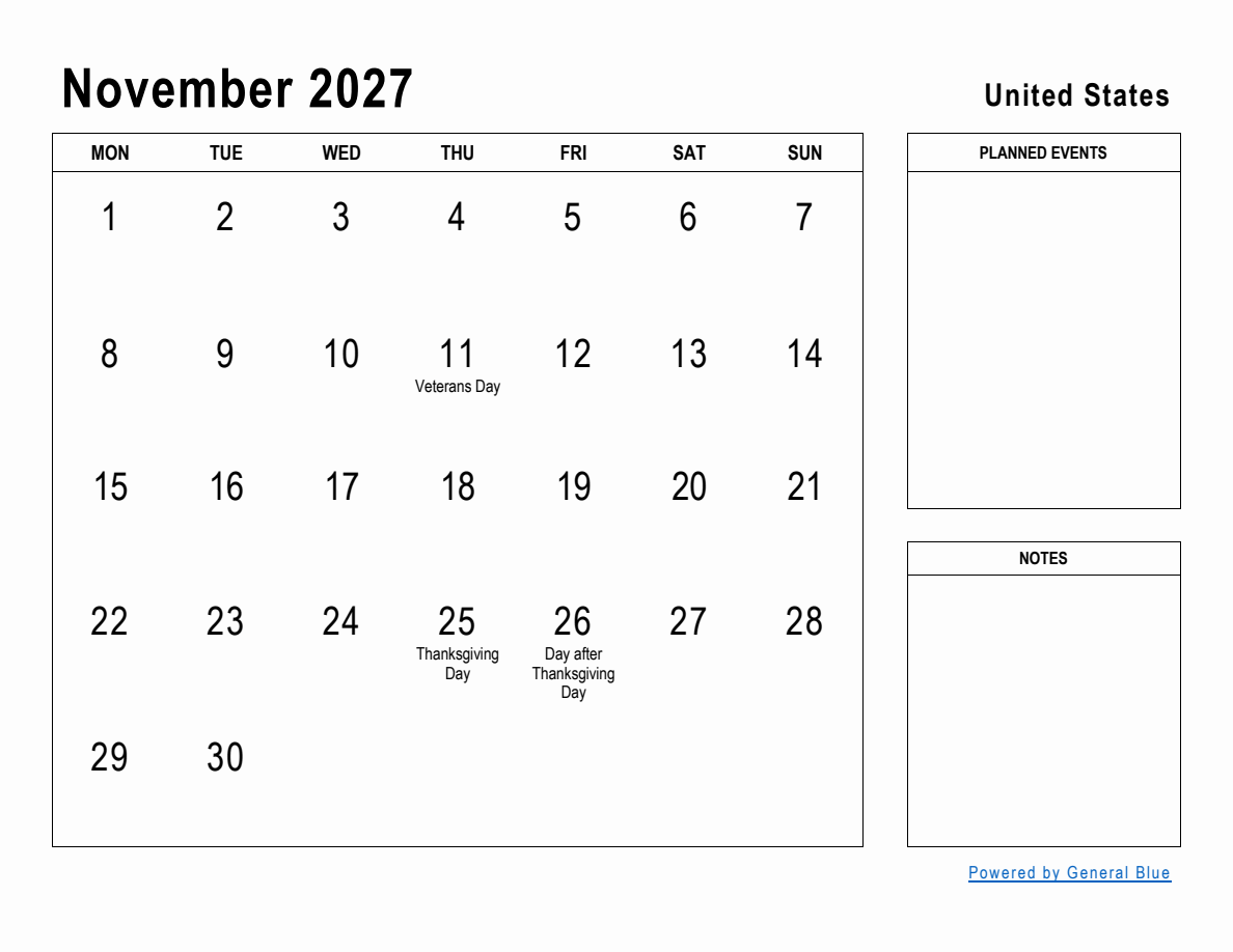 November 2027 Planner with United States Holidays (Monday Start)