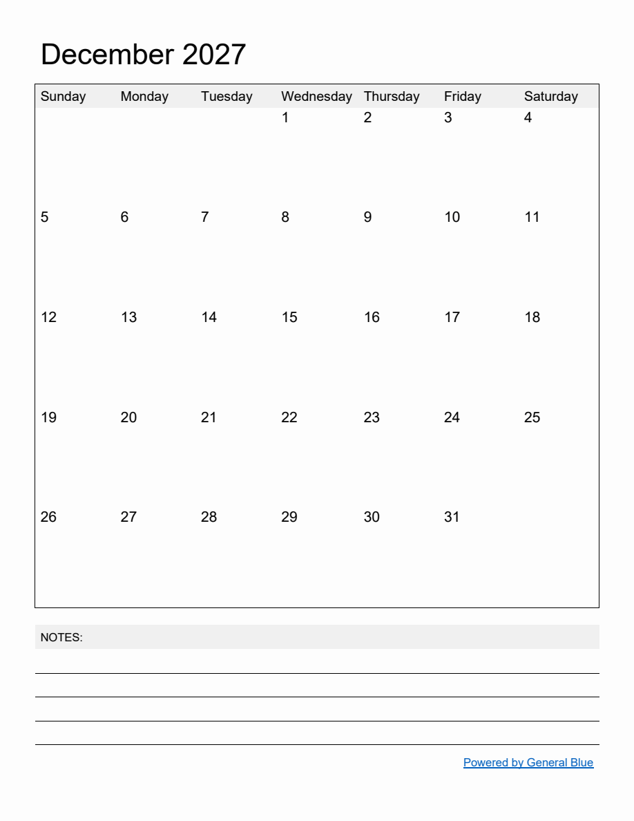 Free Printable Monthly Calendar for December 2027