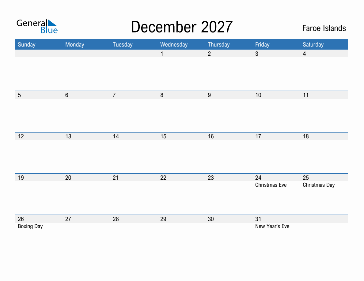 Editable December 2027 Calendar with Faroe Islands Holidays