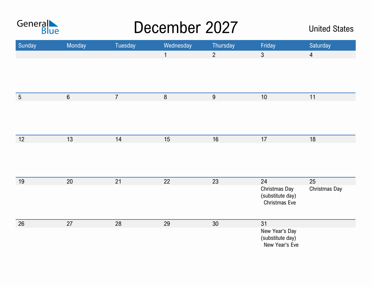 December 2027 Monthly Calendars with United States Holidays