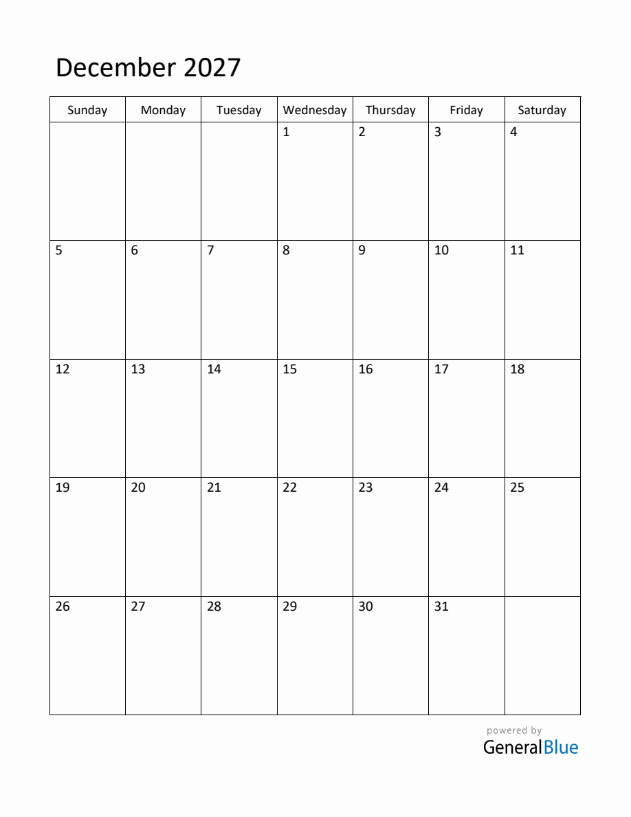 Editable December 2027 Monthly Calendar