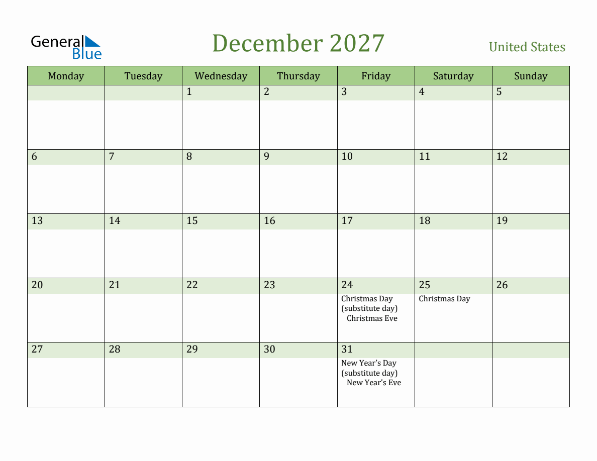 Fillable Holiday Calendar for United States - December 2027
