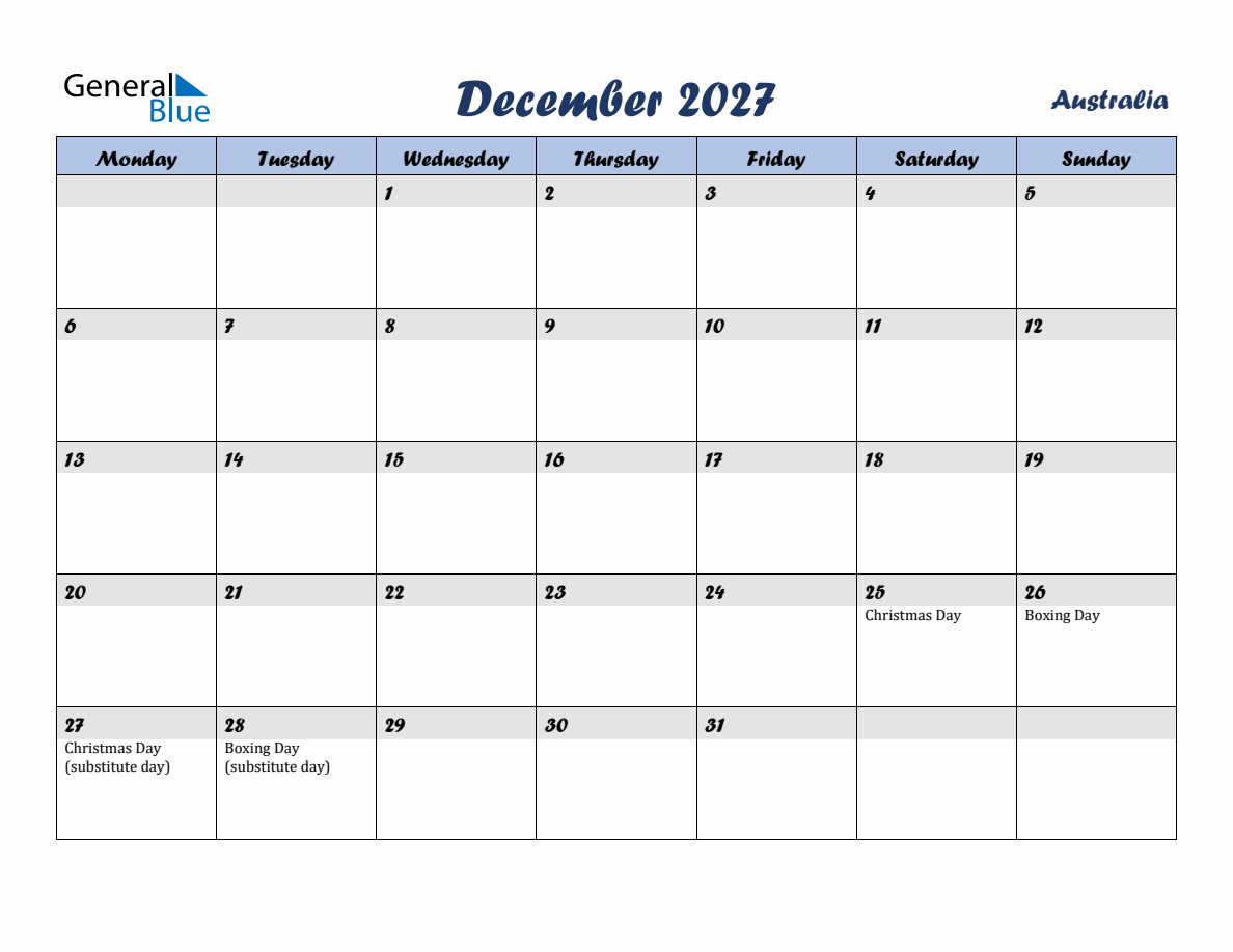 December 2027 Monthly Calendar Template with Holidays for Australia