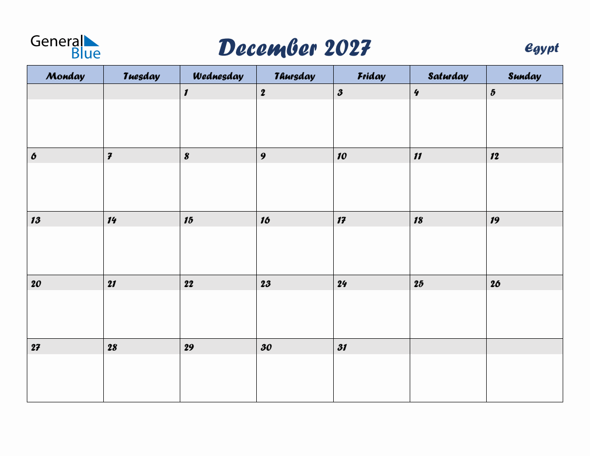 December 2027 Monthly Calendar Template with Holidays for Egypt (Monday ...
