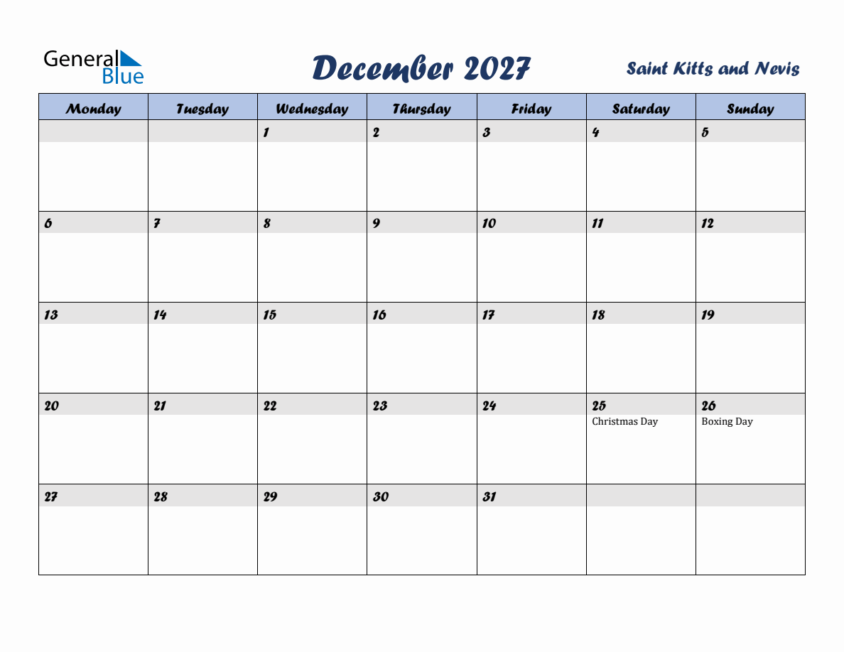 December 2027 Monthly Calendar Template with Holidays for Saint Kitts ...