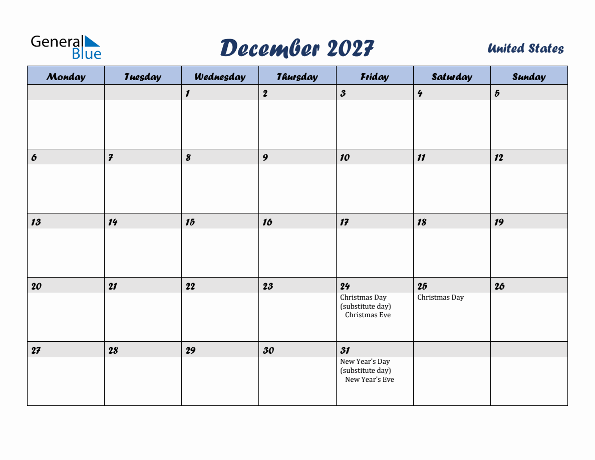 December 2027 Monthly Calendar Template with Holidays for United States