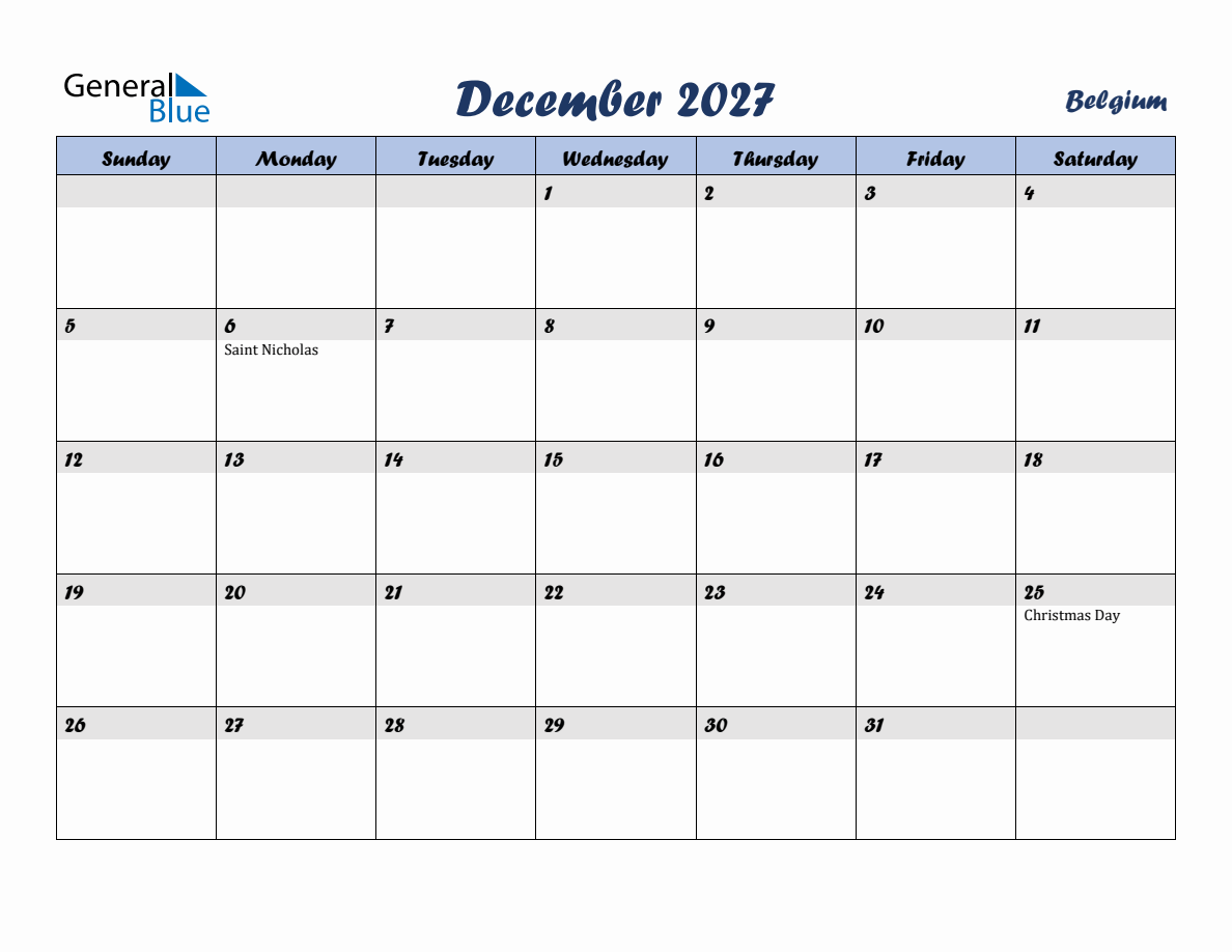 December 2027 Monthly Calendar Template with Holidays for Belgium
