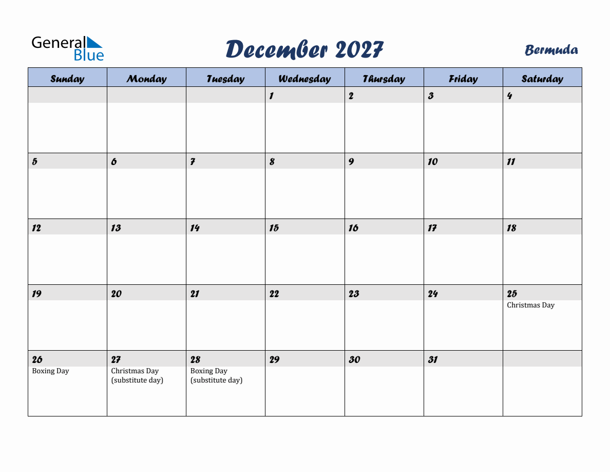 December 2027 Monthly Calendar Template with Holidays for Bermuda