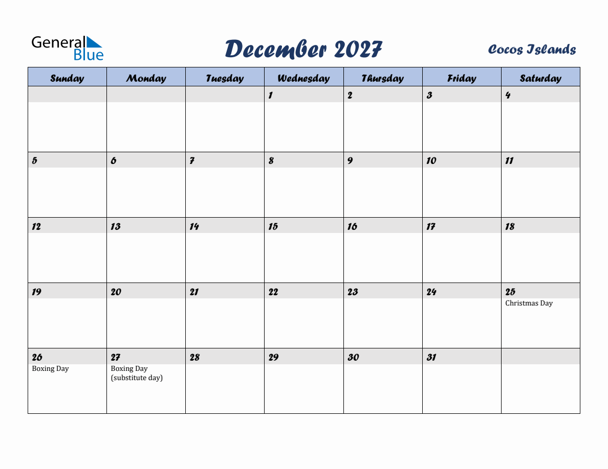 December 2027 Monthly Calendar Template with Holidays for Cocos Islands