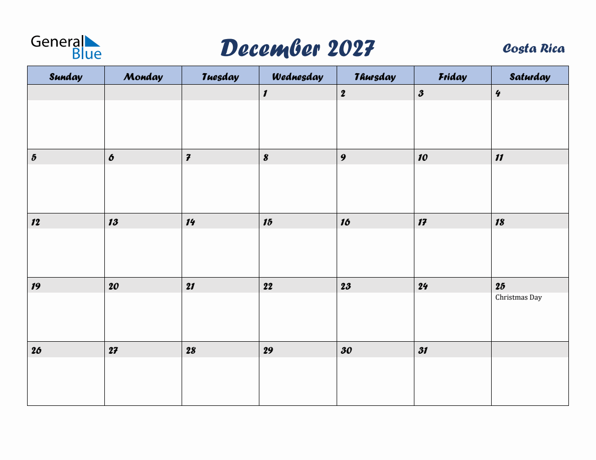 December 2027 Monthly Calendar Template with Holidays for Costa Rica